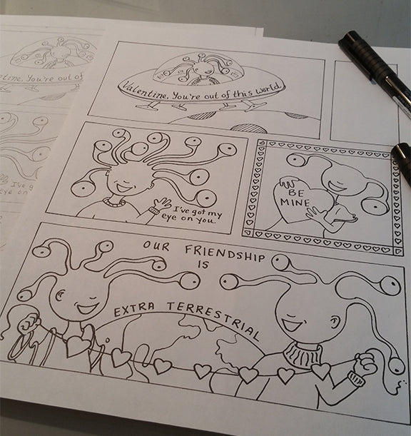 Valentines Alien Monsters: Coloring Page – Pamela Hanks Illustration