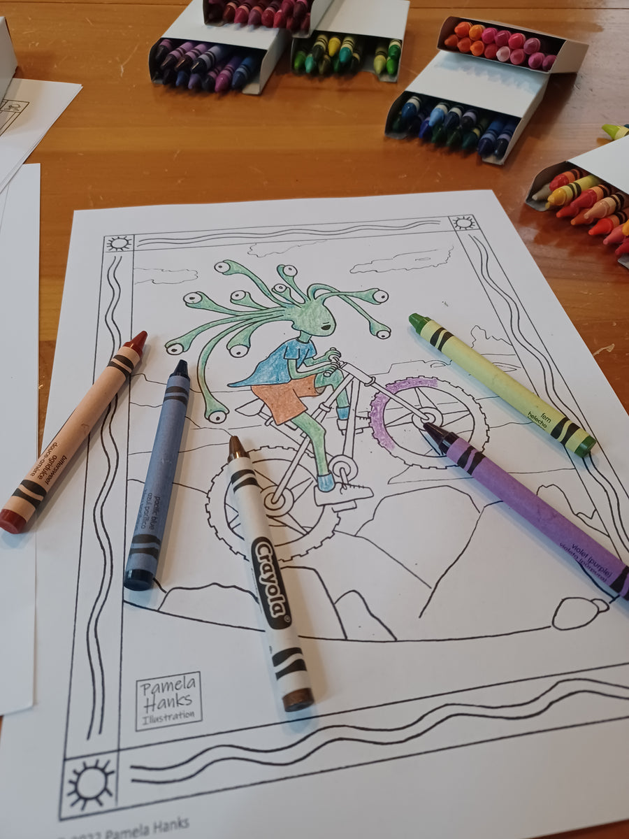 Red Rock Riding Alien Coloring Page – Pamela Hanks Illustration
